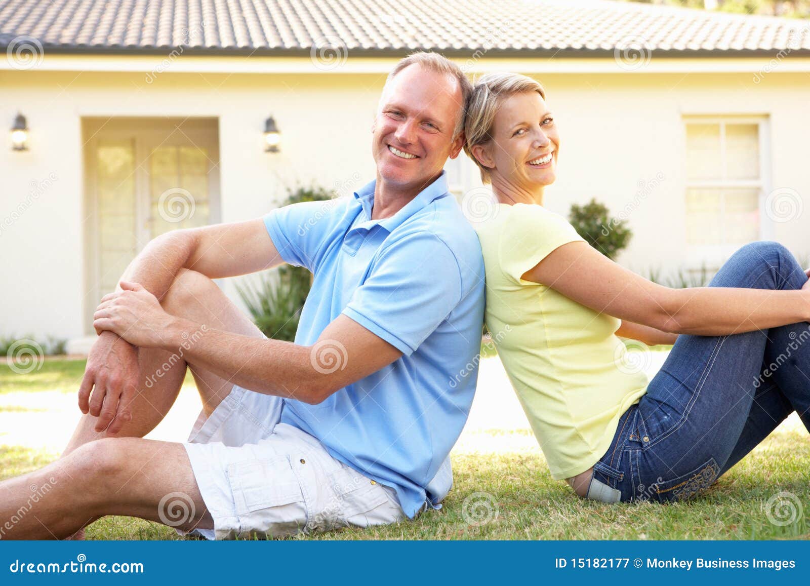 Couple Sitting Outside Dream Home Stock Image - Image of property, aged ...