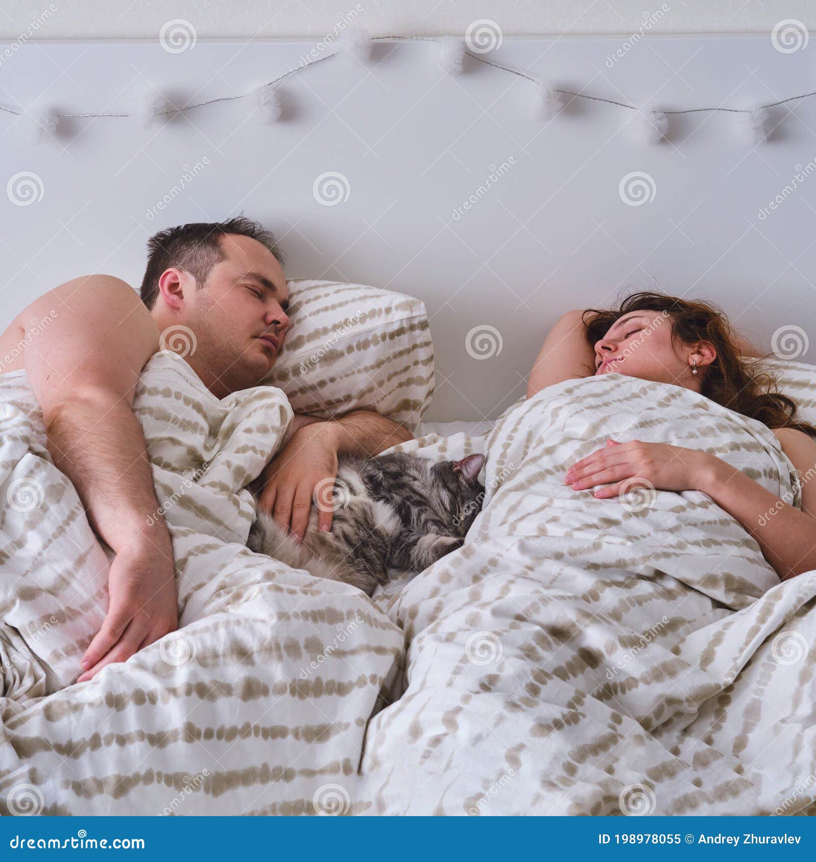Couple Sleeping on the Bed with Cat, Real Lifestyle Stock Image - Image ...