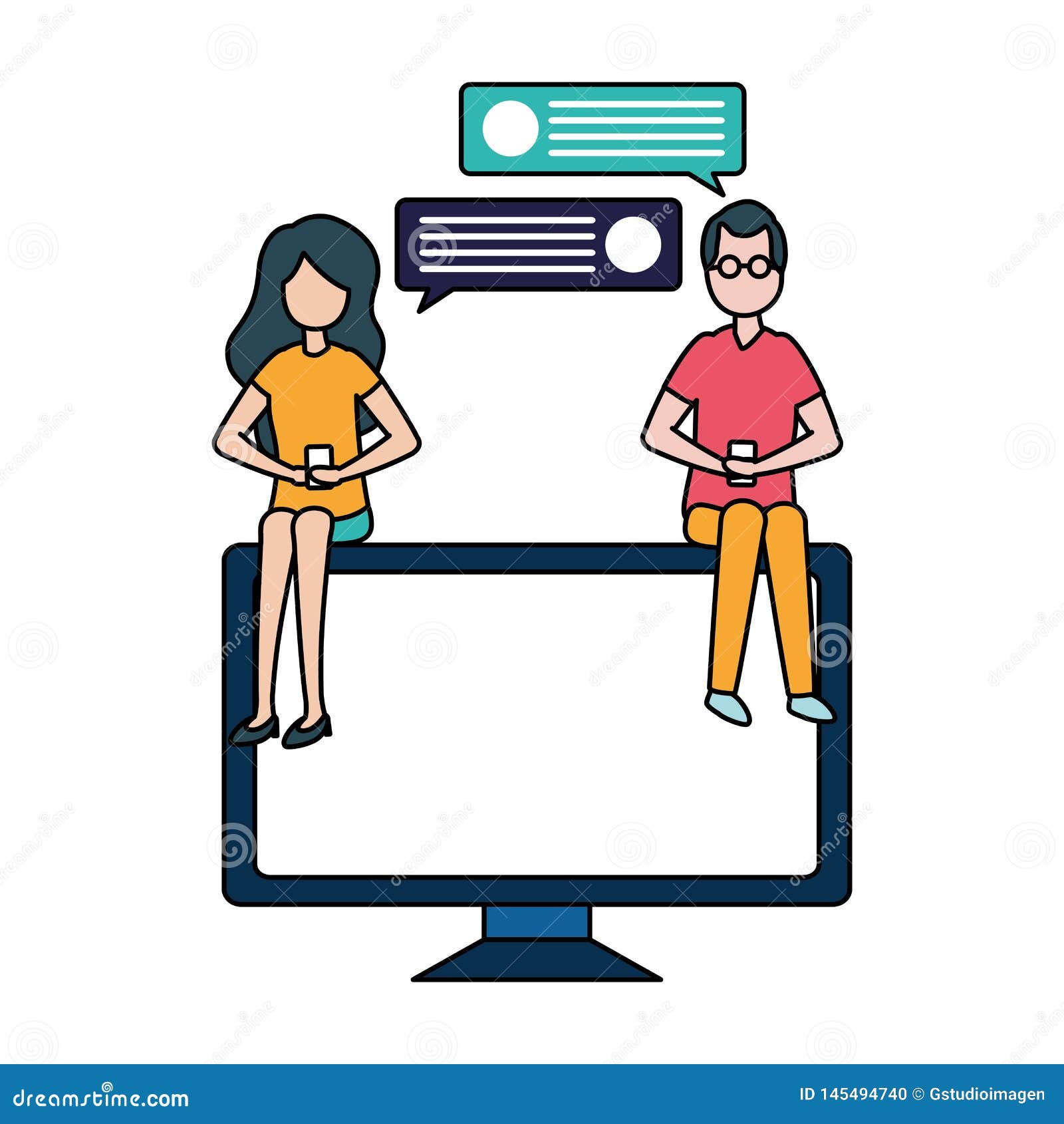 Couple with Smartphone and Desktop Computer Stock Vector - Illustration ...