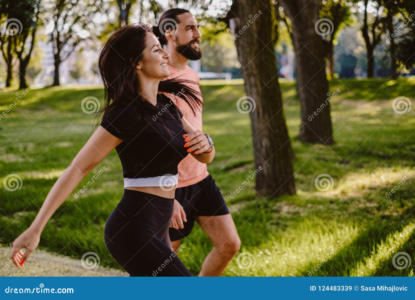 Couple Smiling While Walking In The Park Stock Image Image Of