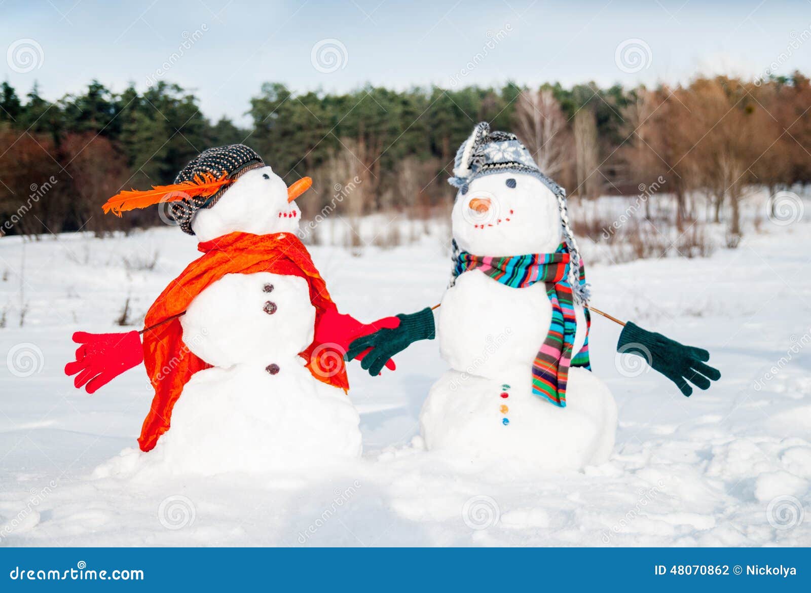 Couple of snowmen stock photo. Image of bonnet, delightful - 48070862