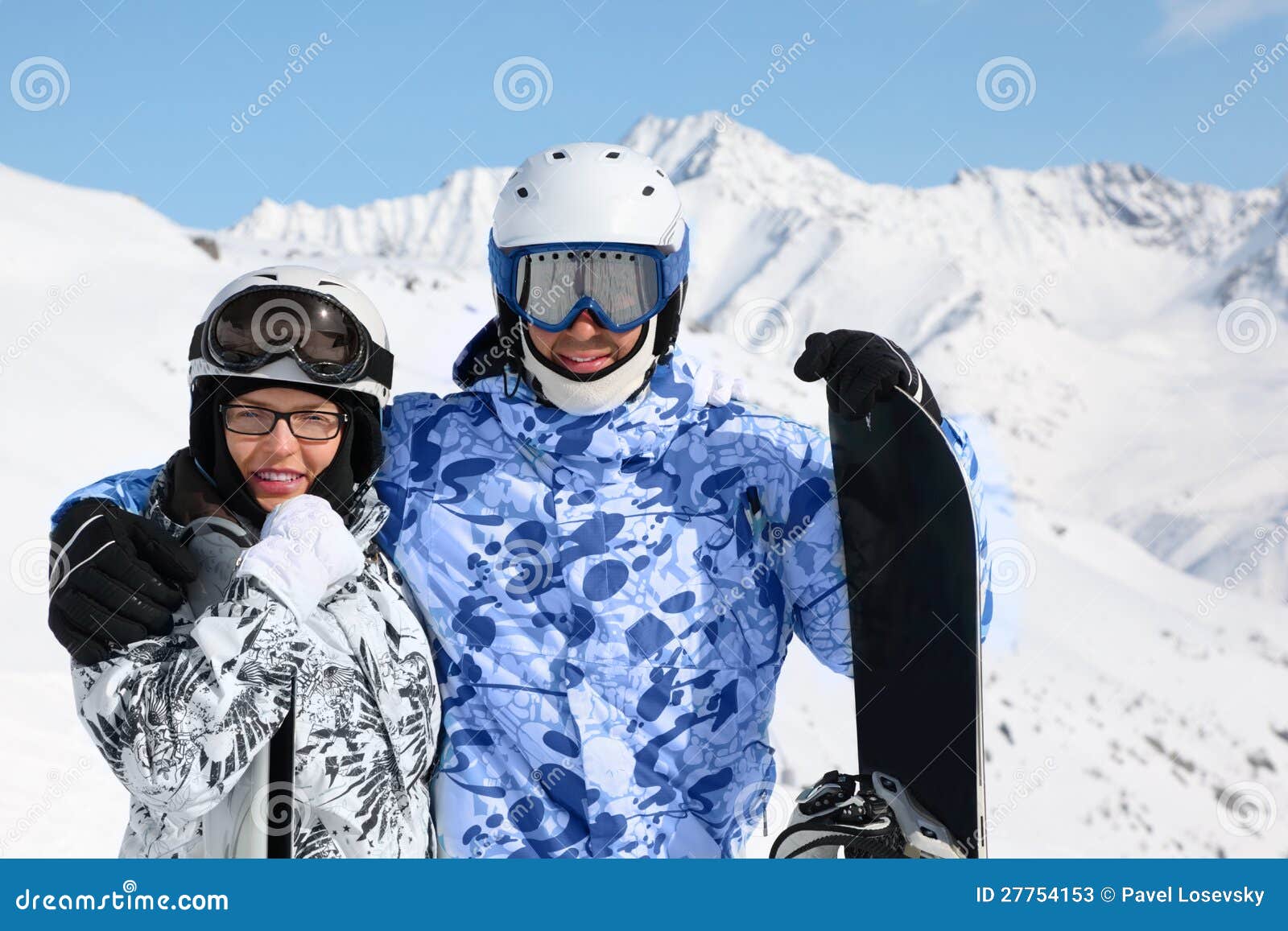 Couple Stand with Snowboard and Skis Stock Image - Image of snowboard ...