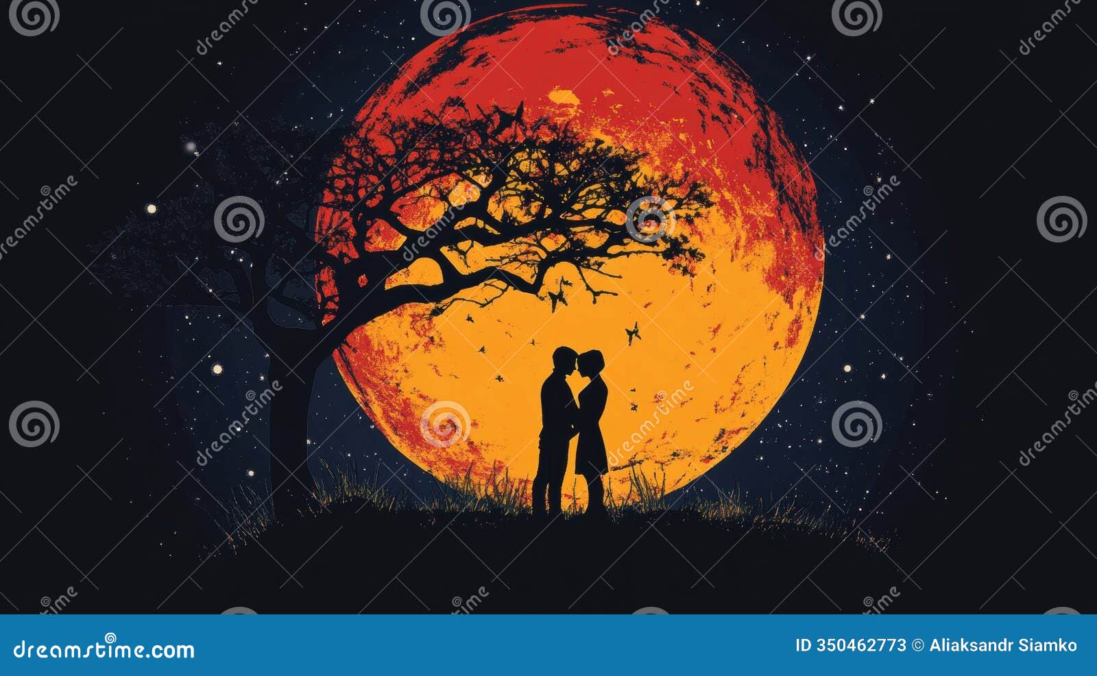 A Couple Standing Under a Tree in Front of a Full Moon Stock ...
