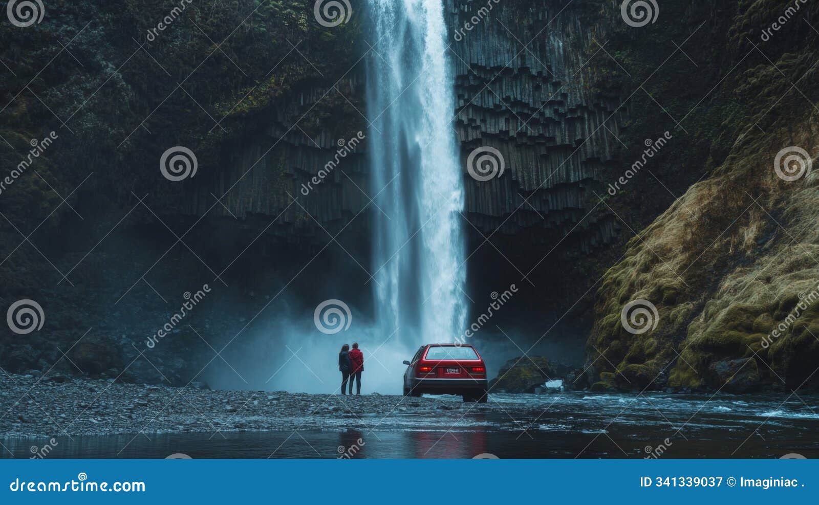 A Couple Standing before a Waterfall with a Red Car in the Foreground ...
