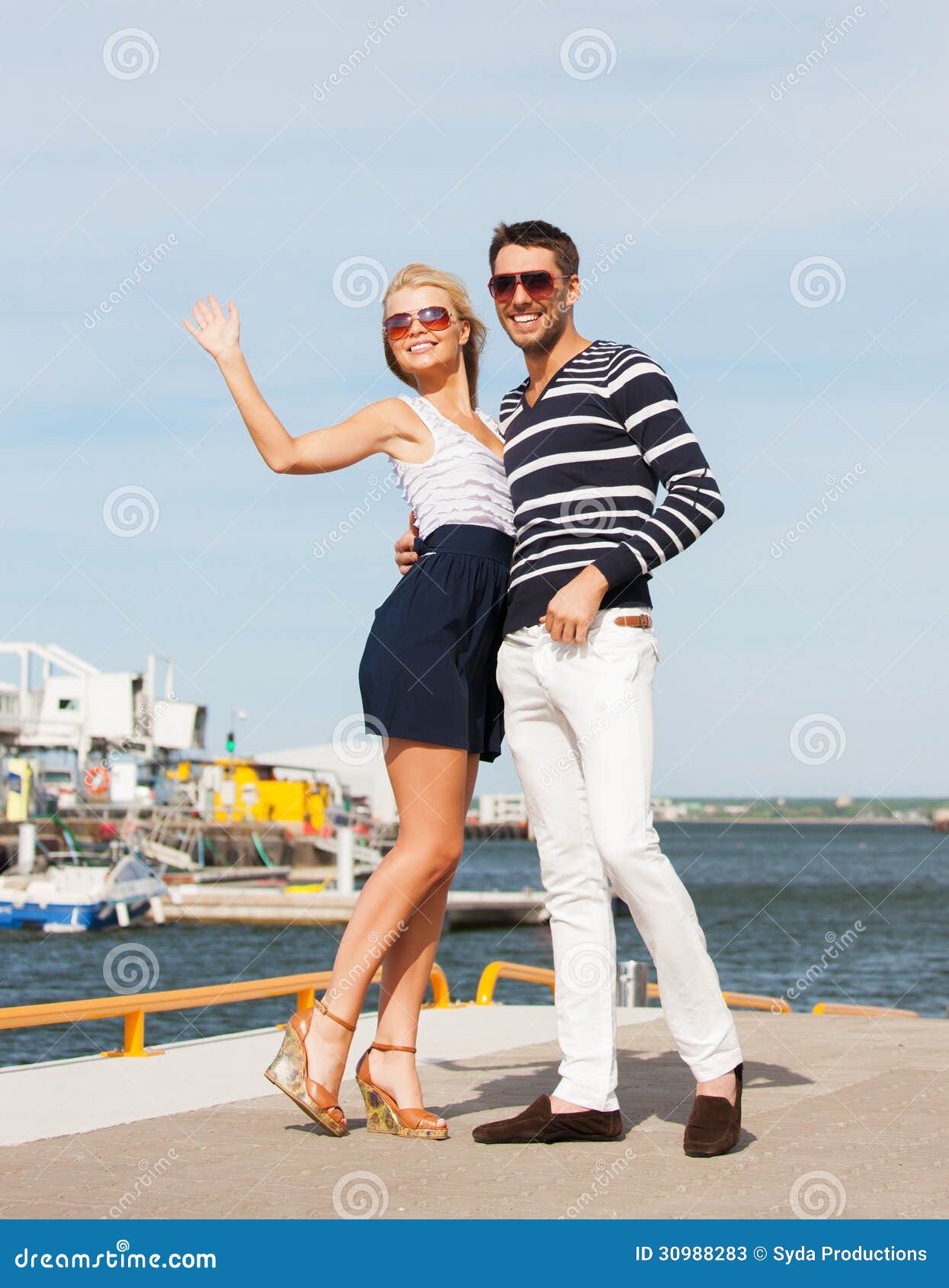 Couple Standing and Waving in Port Stock Image - Image of happiness ...