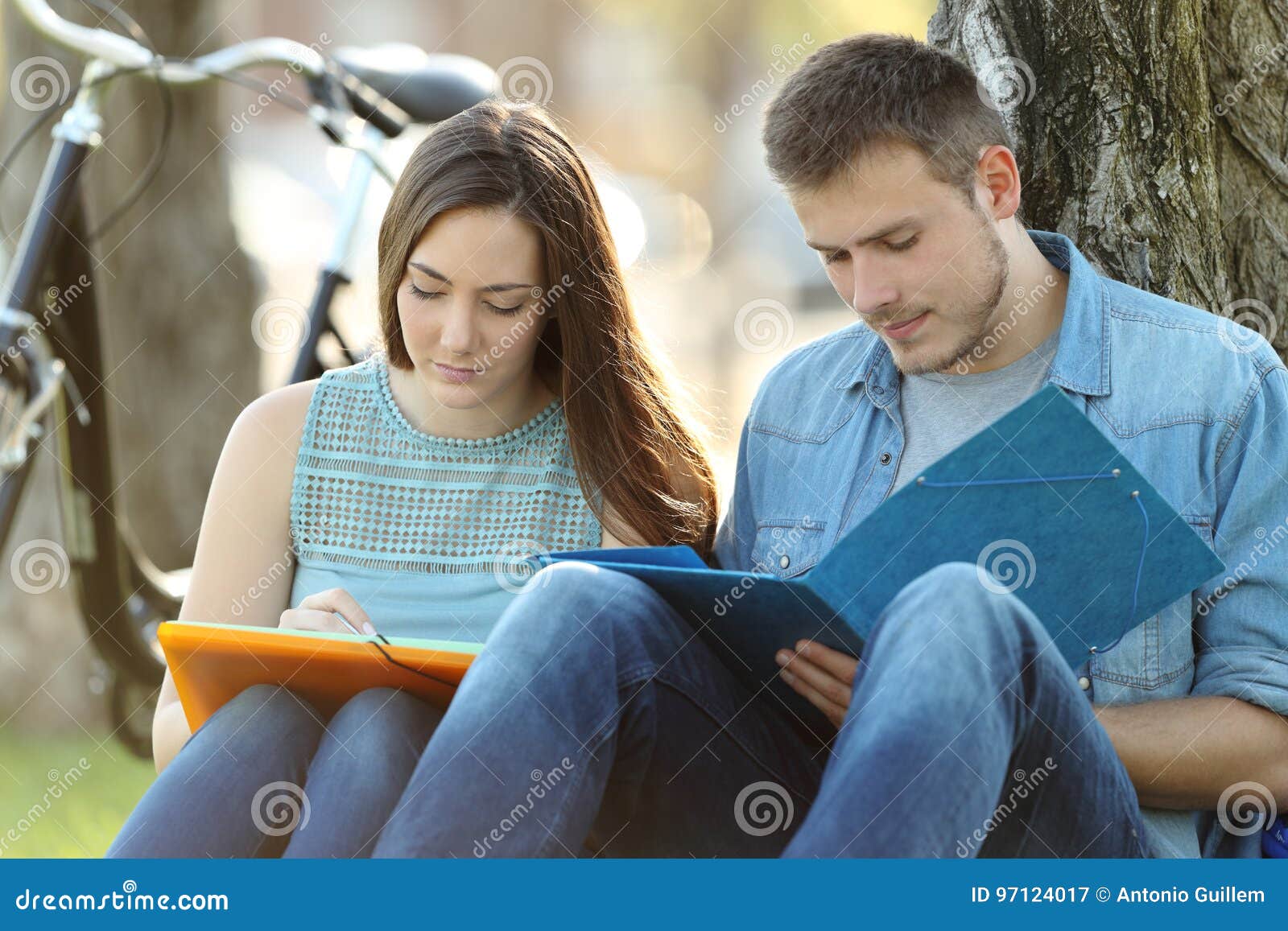 Couple of Students Studying Together Outside Stock Image - Image of ...