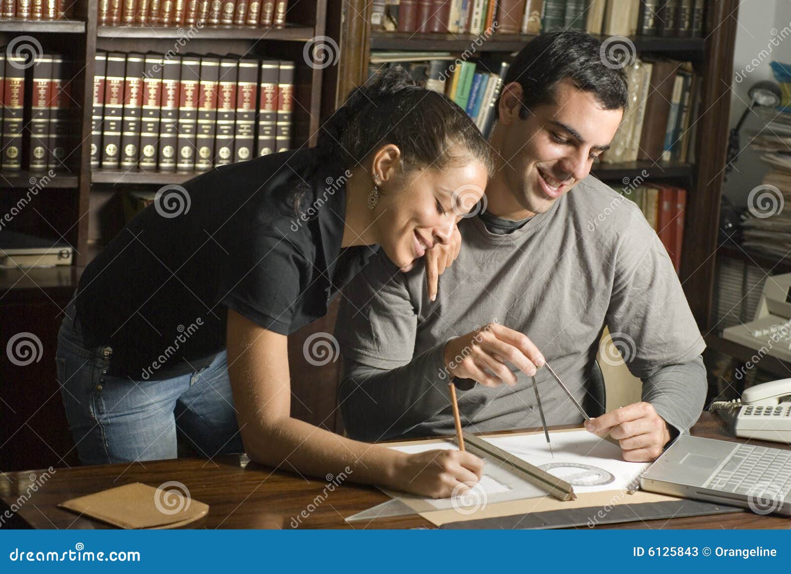 Couple Study in Library - Horizontal Stock Image - Image of books ...