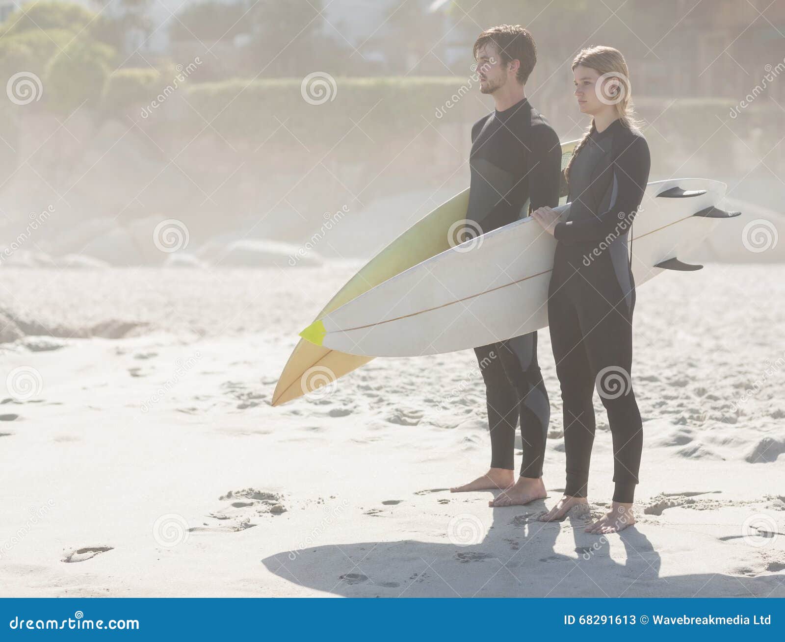 Couple With Surfboard Standing On The Beach Stock Image Image Of Relationship Escapism 68291613