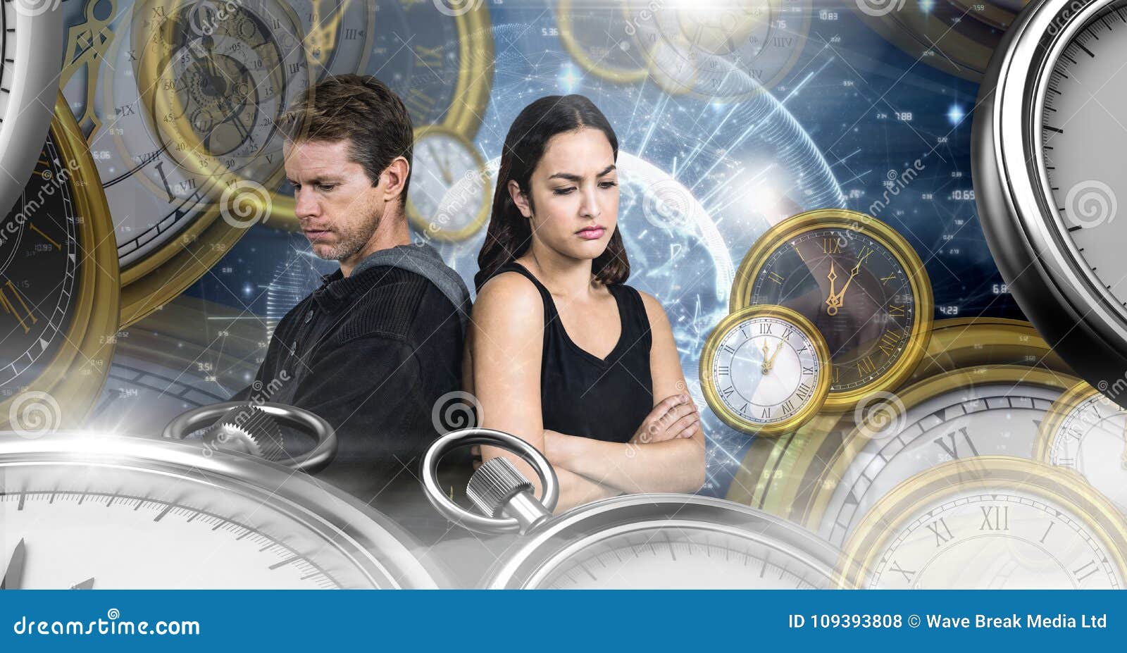 Couple in Surreal Time and Space with Clocks Stock Photo - Image of ...