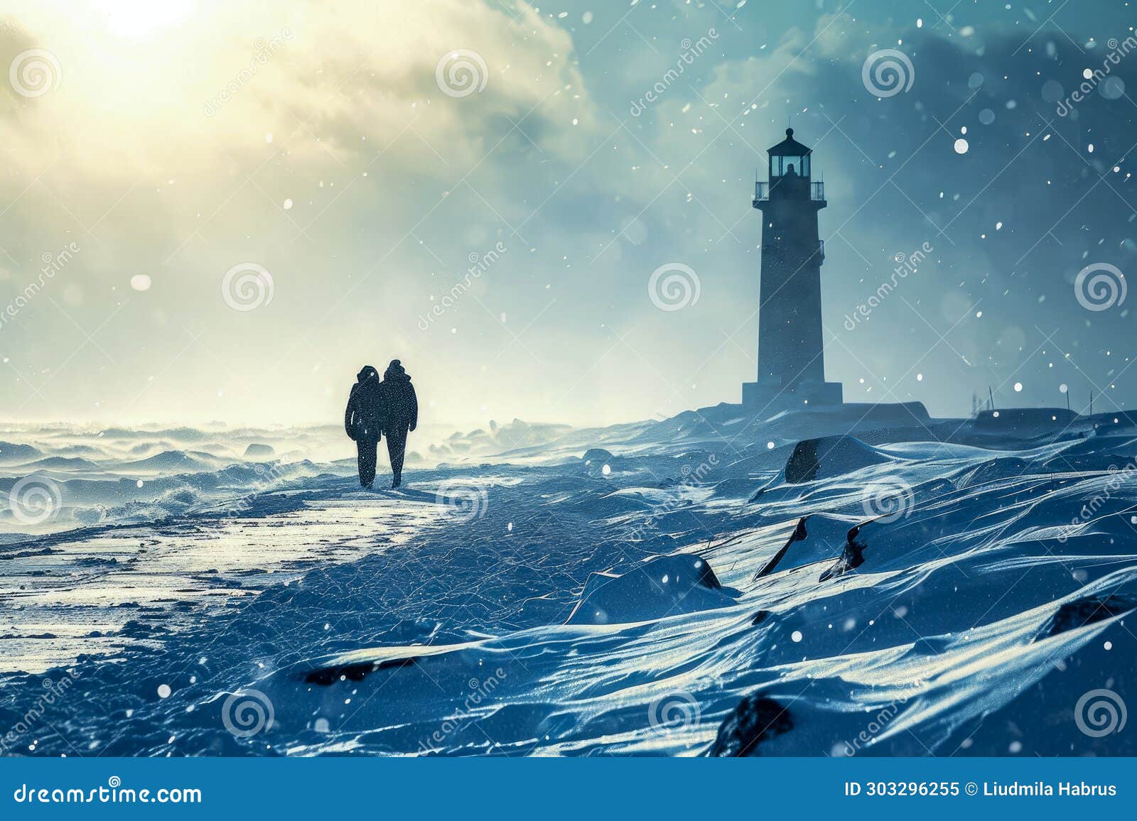 Couple Taking a Romantic Walk on a Snow-covered Beach, with a ...