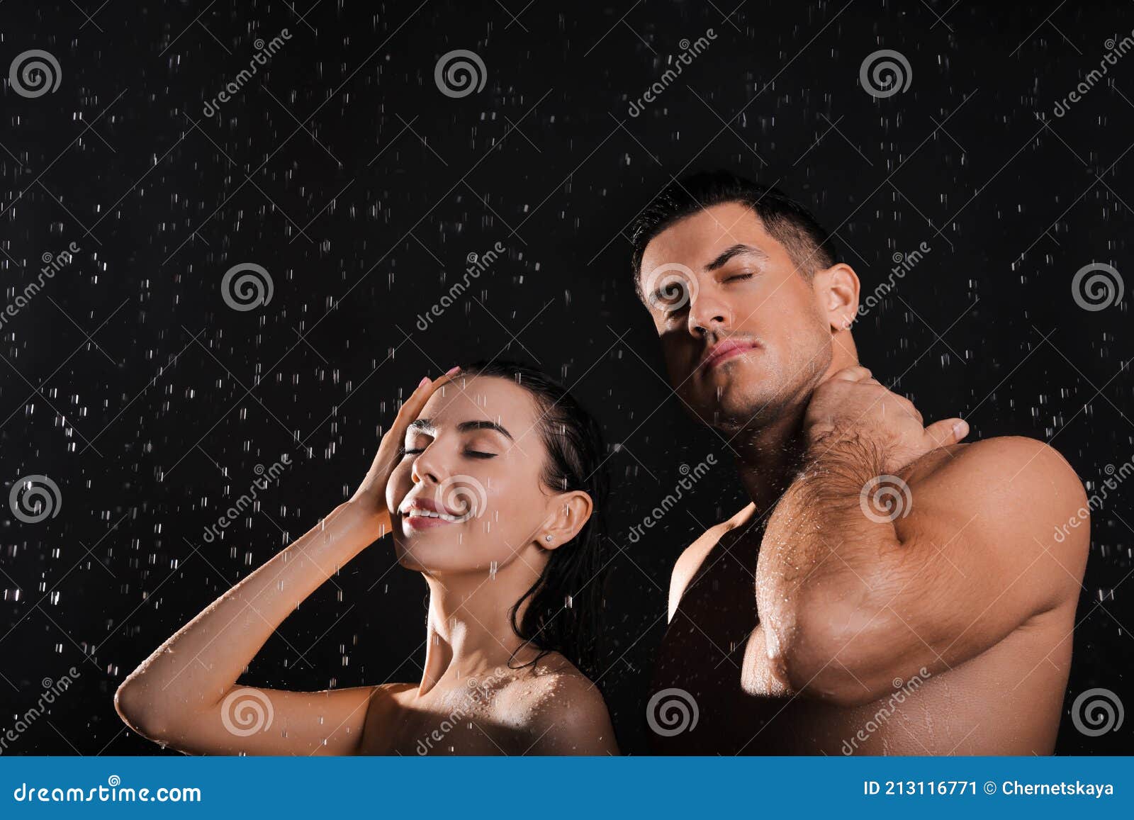 Couple Taking Shower Against Black Background Woman Washing Hair Stock