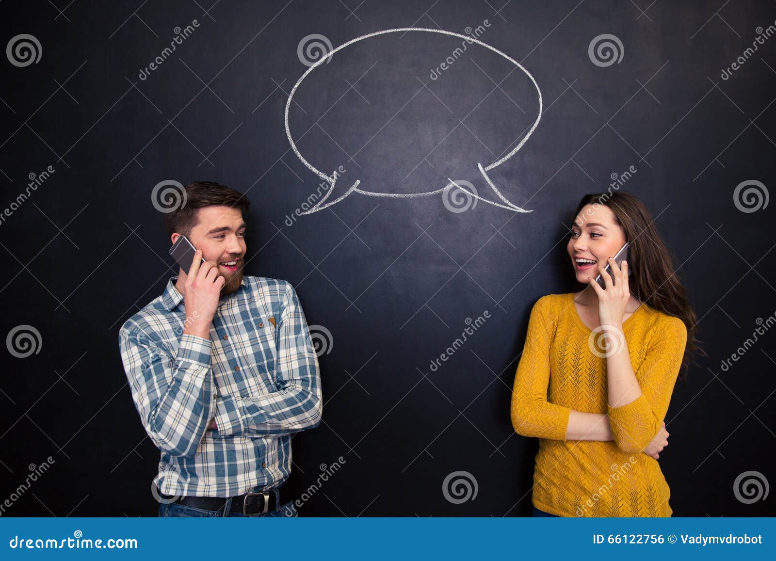 Couple Talking on Cell Phone Over Chalkboard with Speech Bubble Stock ...