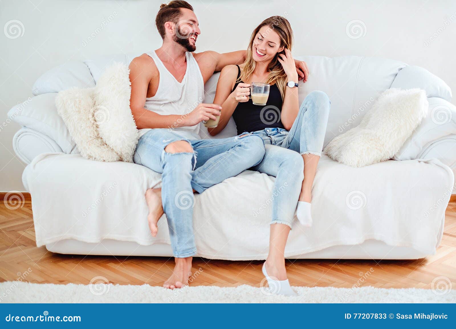 Couple Talking and Laughing on the Couch Stock Image - Image of couple ...