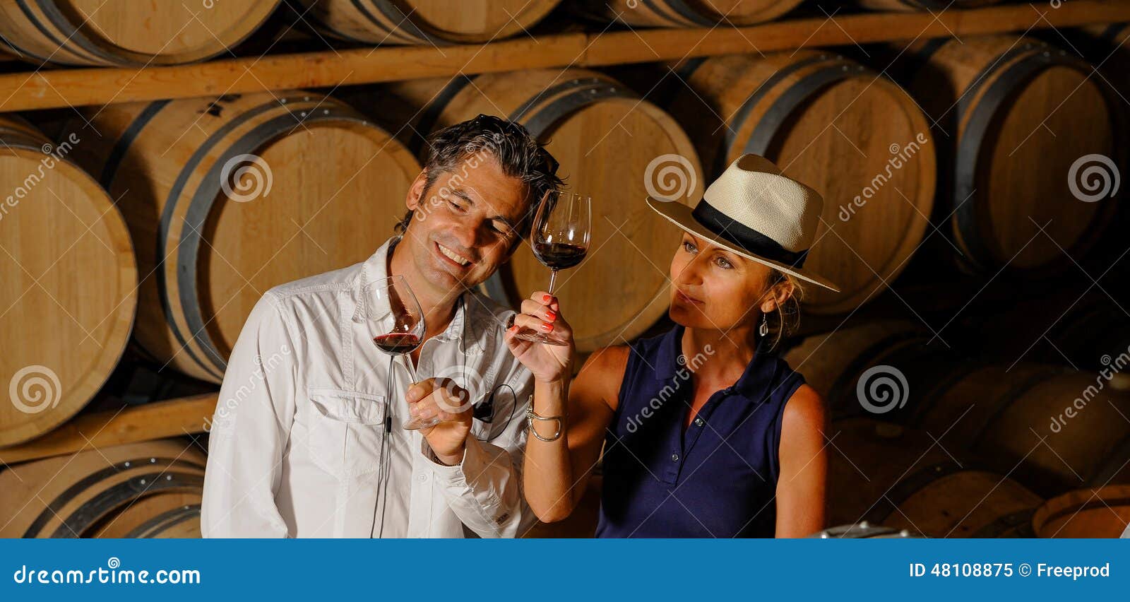 Couple Tasting Wine in a Cellar Stock Image - Image of control ...