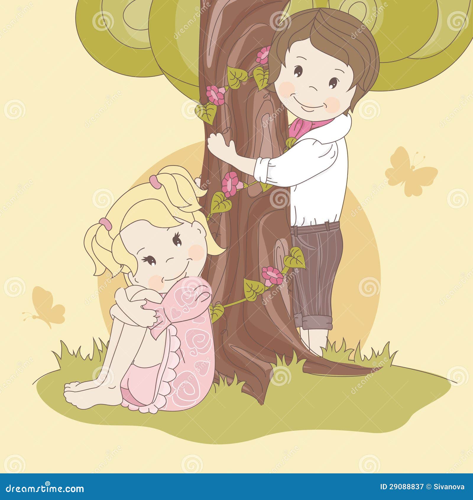 Couple teens under tree . stock vector. Illustration of kiss - 29088837
