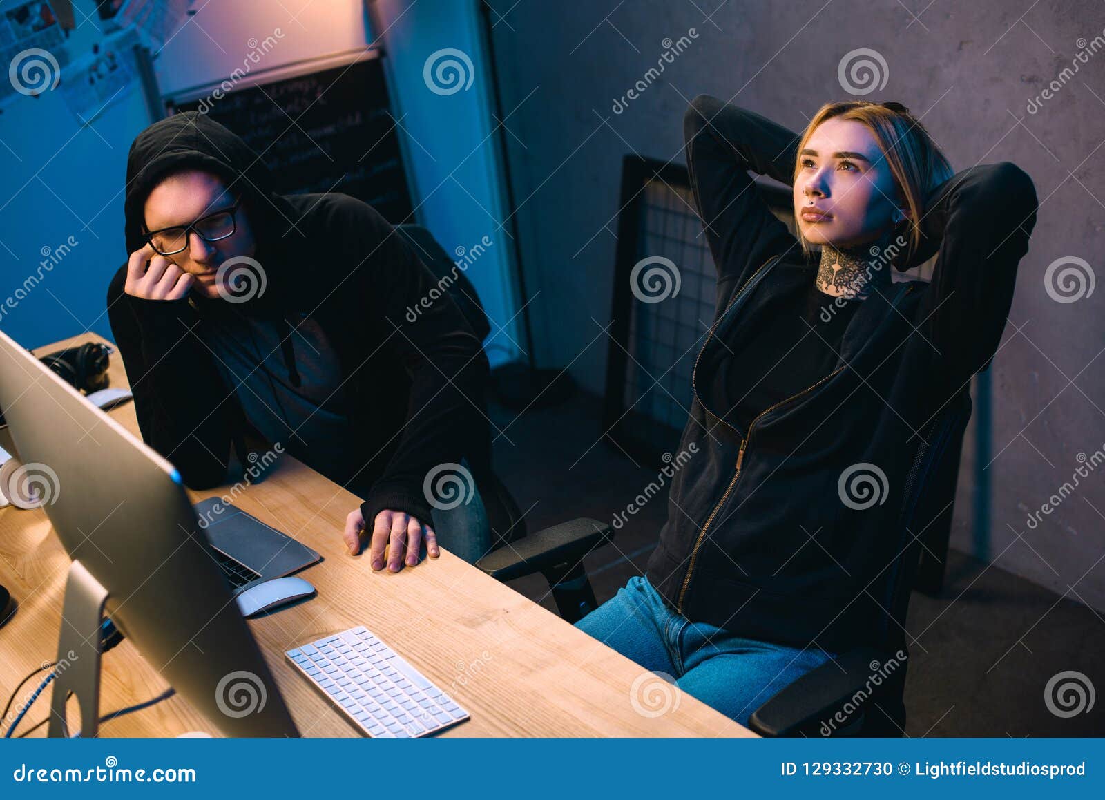 Couple of Thoughtful Young Hackers Stock Photo - Image of internet ...