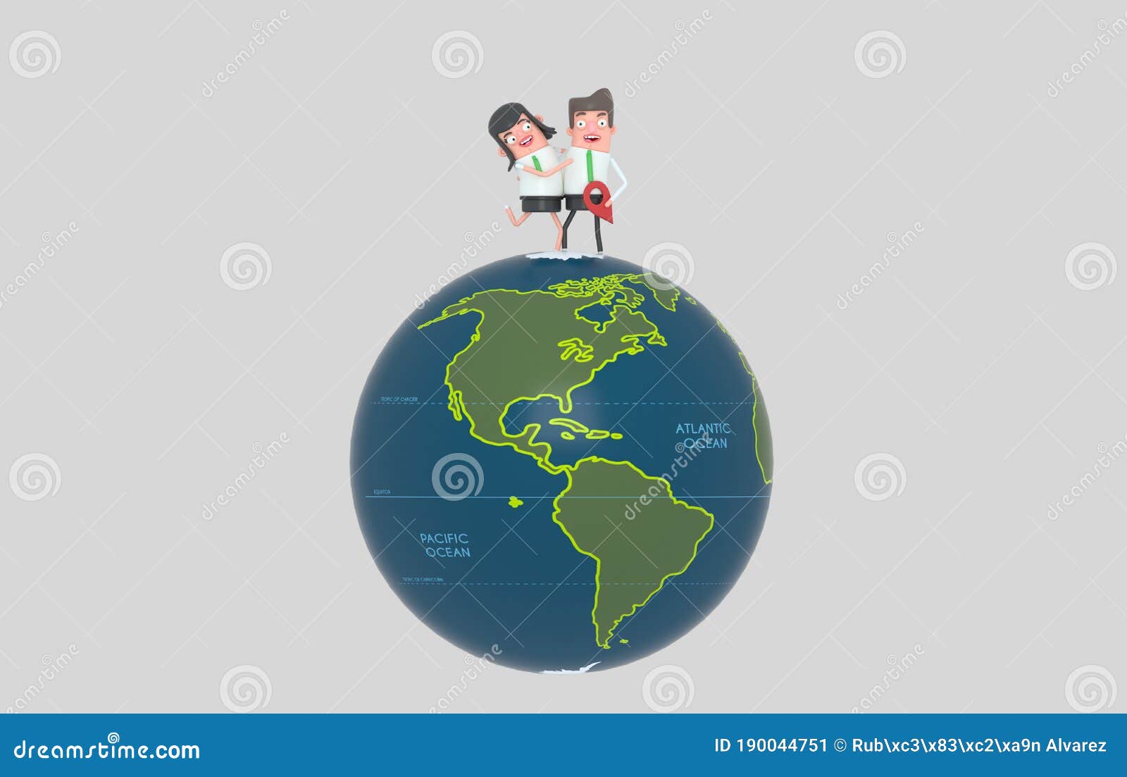 Couple at Top of the World Map Globe. 3d Illustration. Isolated ...