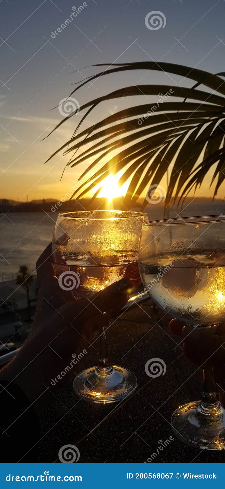 Couple Tossing Their Glasses in Front of a Beautiful Sunset Stock Image ...
