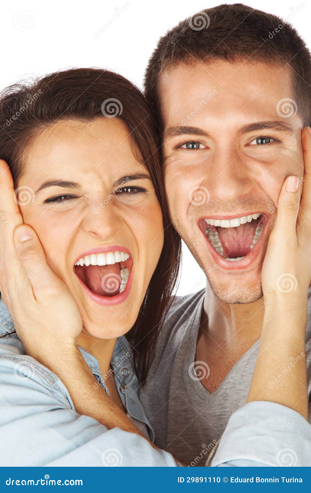 Closeup of Happy Young Couple Screaming Stock Photo - Image of casual ...