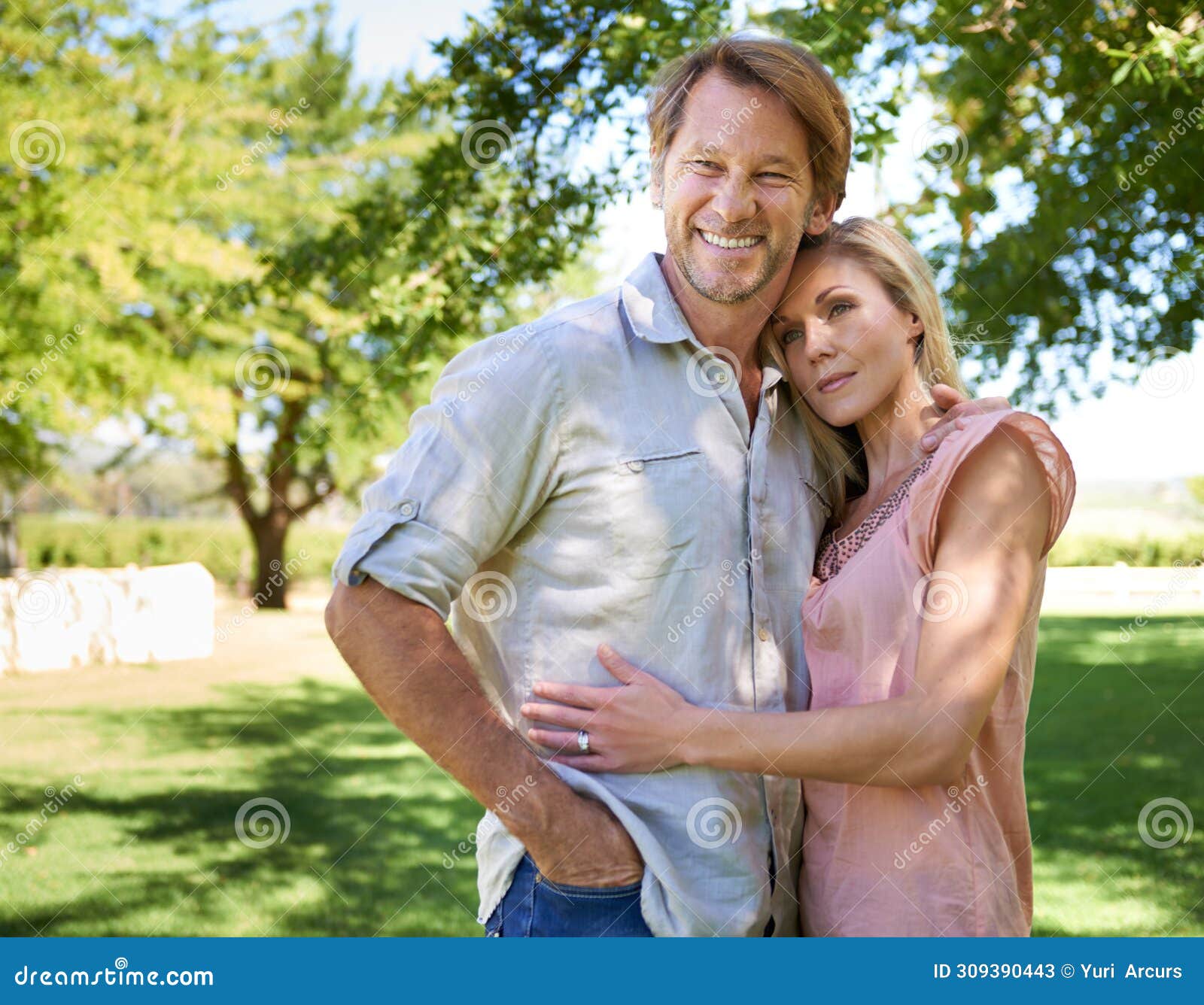 Couple Travel And Hug In Park For Romance Care And Commitment In