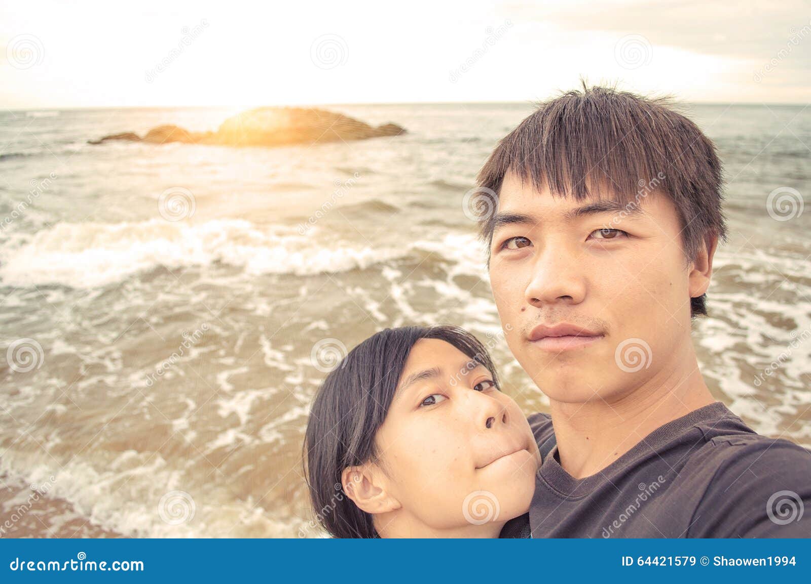 Couple Travel Self on the Beach Stock Image - Image of happiness ...