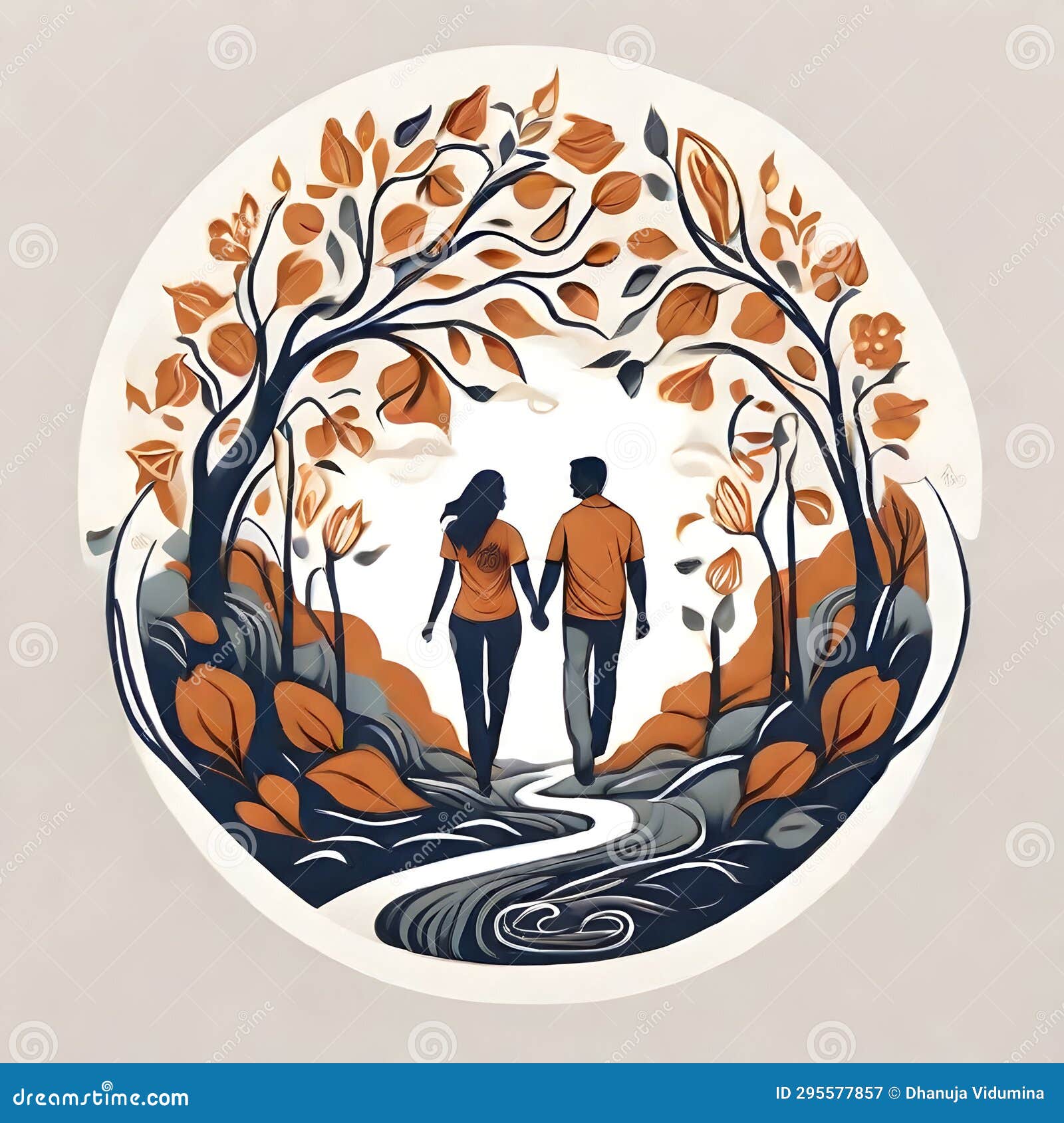 Couple with Tree in Road, Vintage Style. Vector Illustration Stock ...