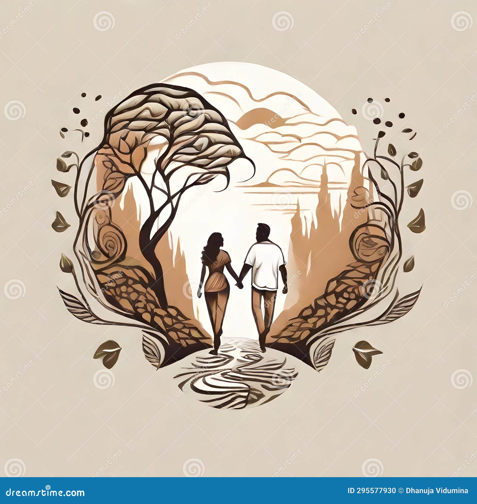 Couple with Tree, Vintage Style. Vector Illustration Stock Illustration ...