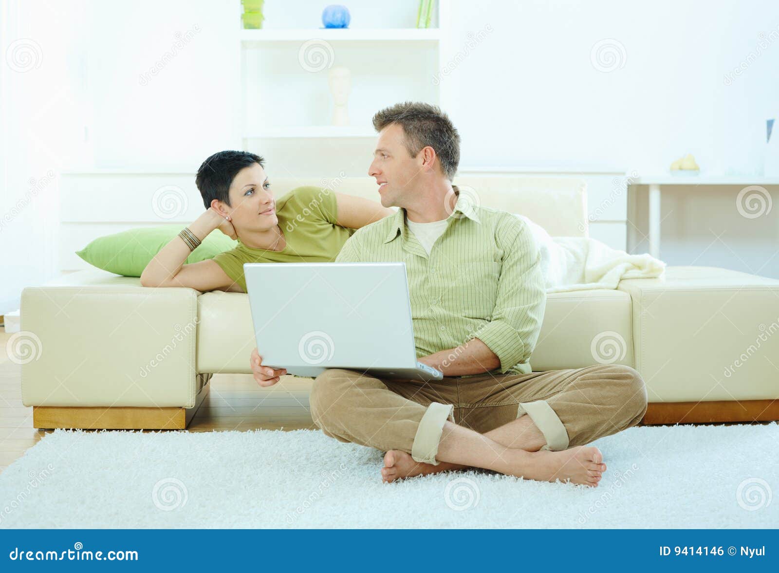 Couple Using Computer at Home Stock Photo - Image of adult, furniture ...