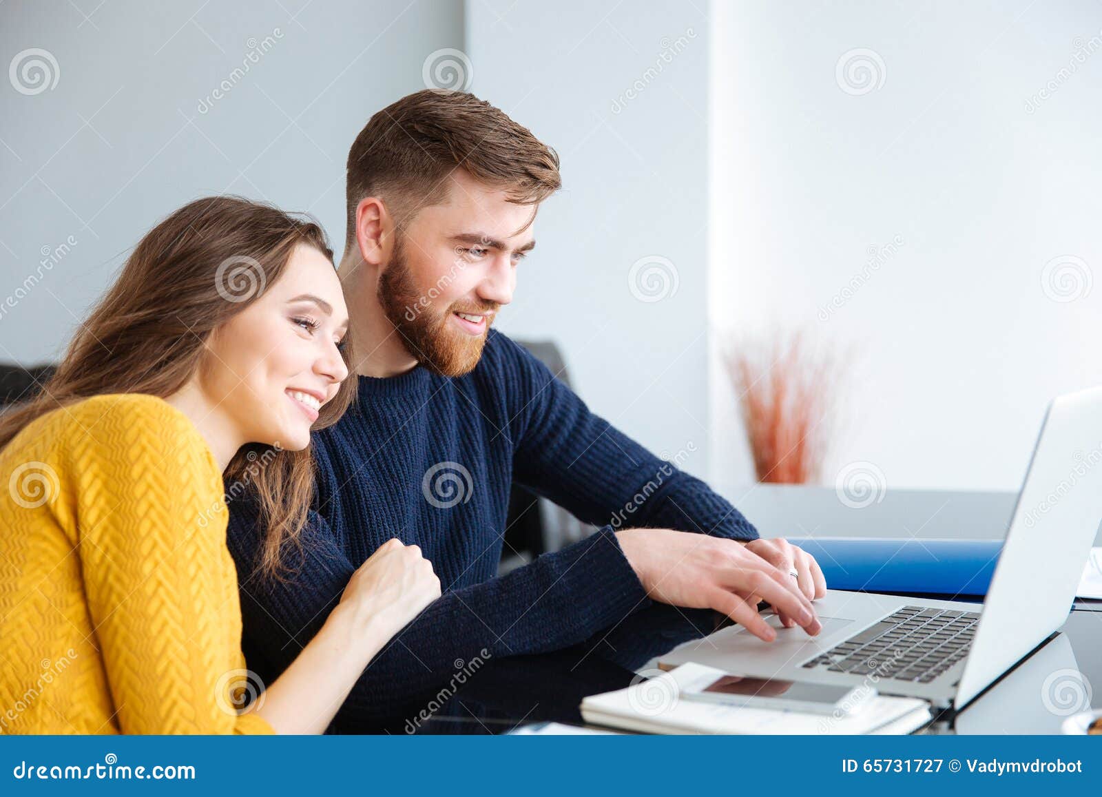 Couple Using Laptop Computer at Home Stock Image - Image of cheerful ...