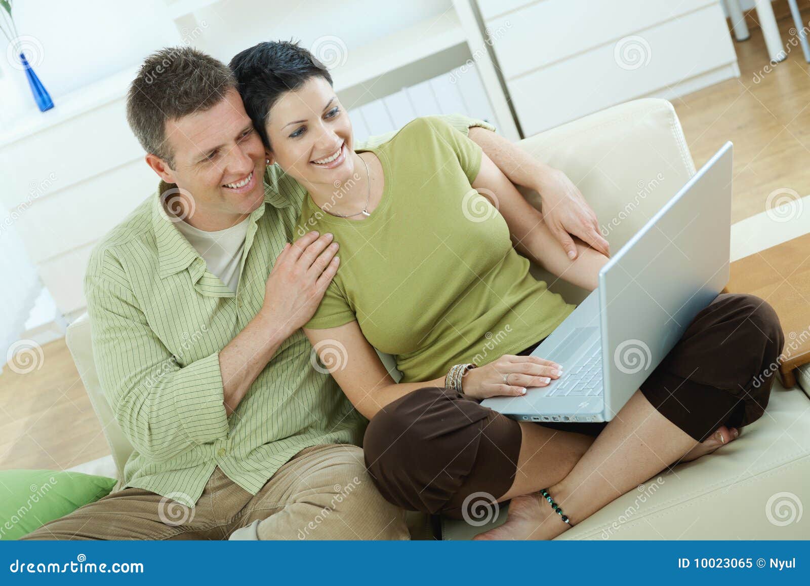 Couple Using Laptop at Home Stock Image - Image of face, lifestyle ...