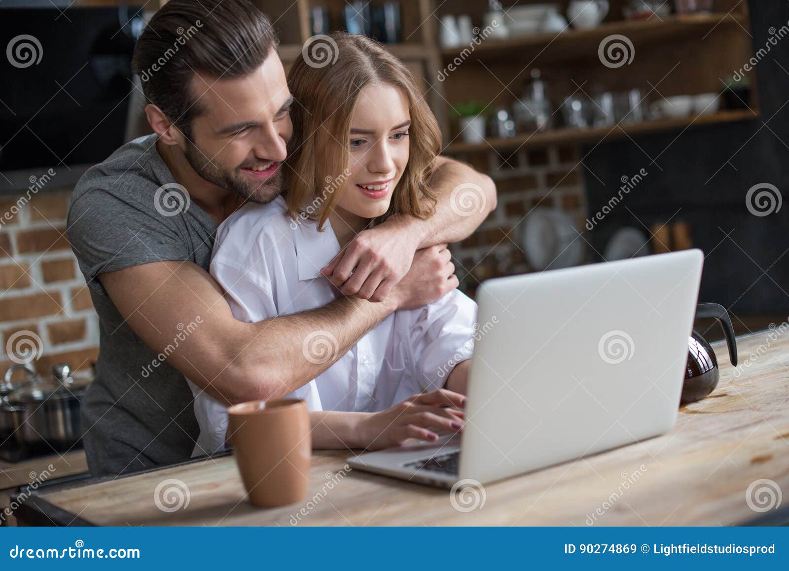 Couple using laptop stock image. Image of smiling, boyfriend - 90274869