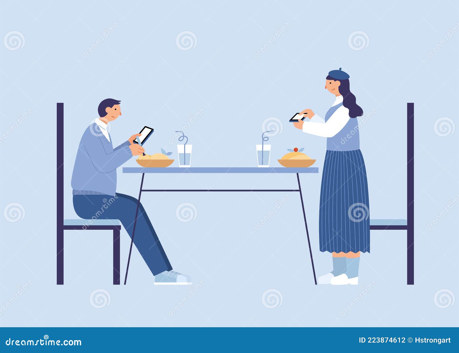 Couple Using Phones at Dining Table Stock Vector - Illustration of ...