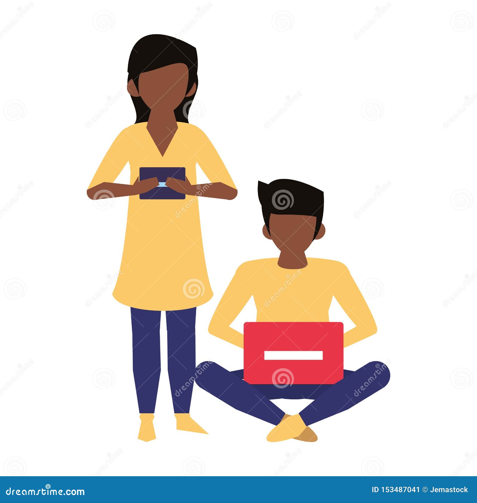 Couple Using Technology Devices Cartoon Stock Vector - Illustration of ...