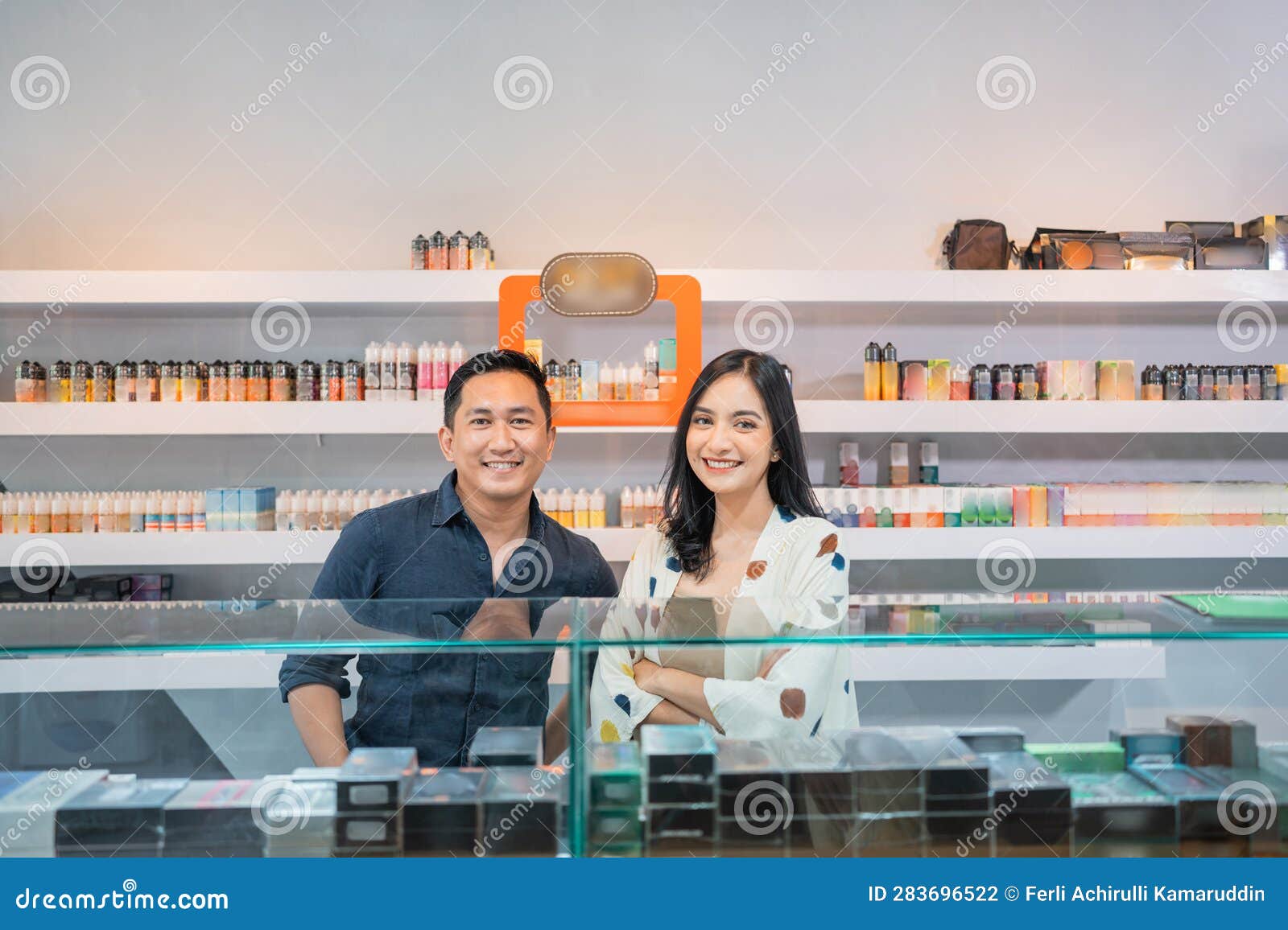 Couple of Vape Shopkeeper Standing with Smile Stock Photo - Image of ...