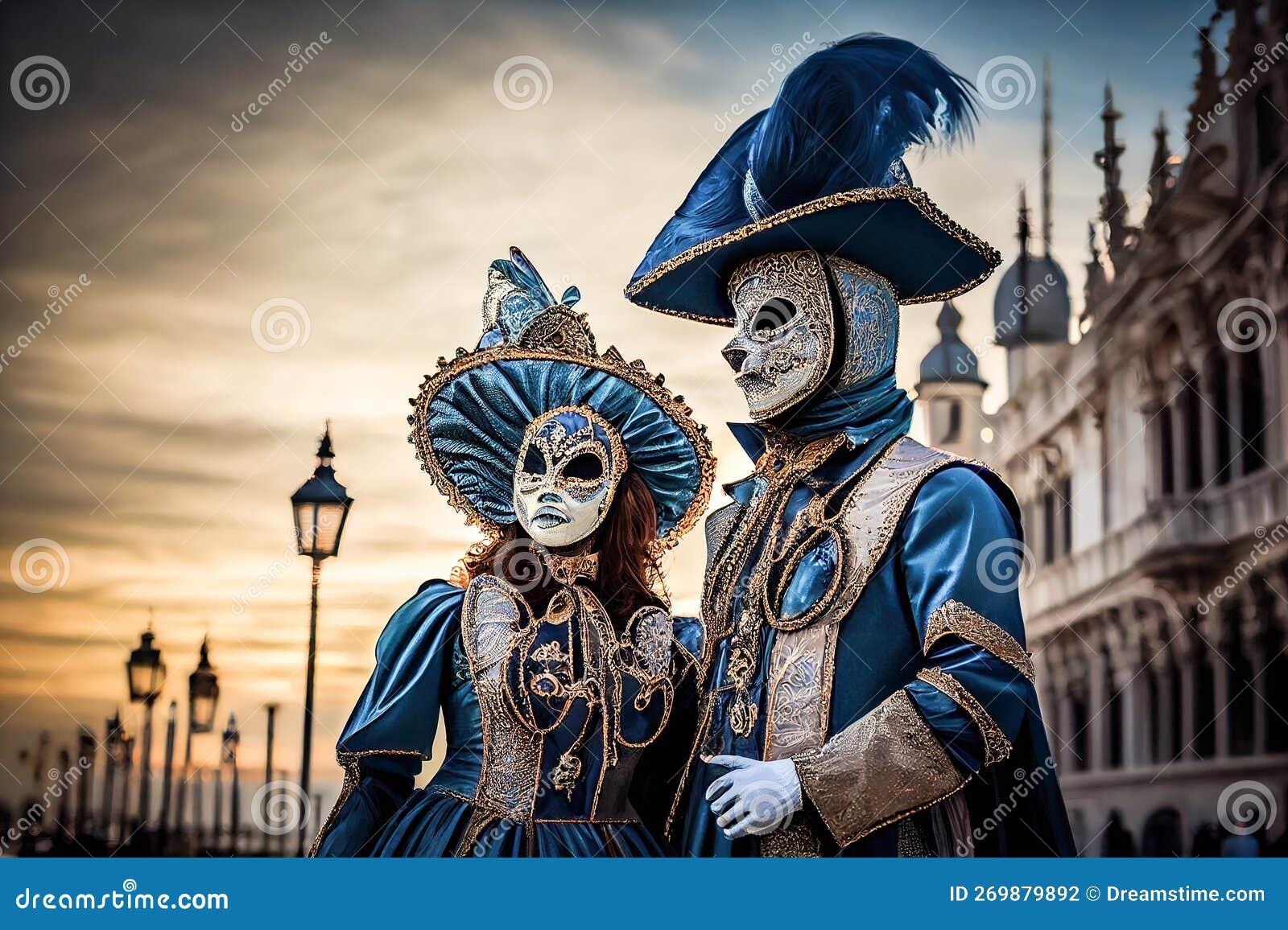 Couple in Venetian Costumes Posing at Sunset. Generative AI Stock ...