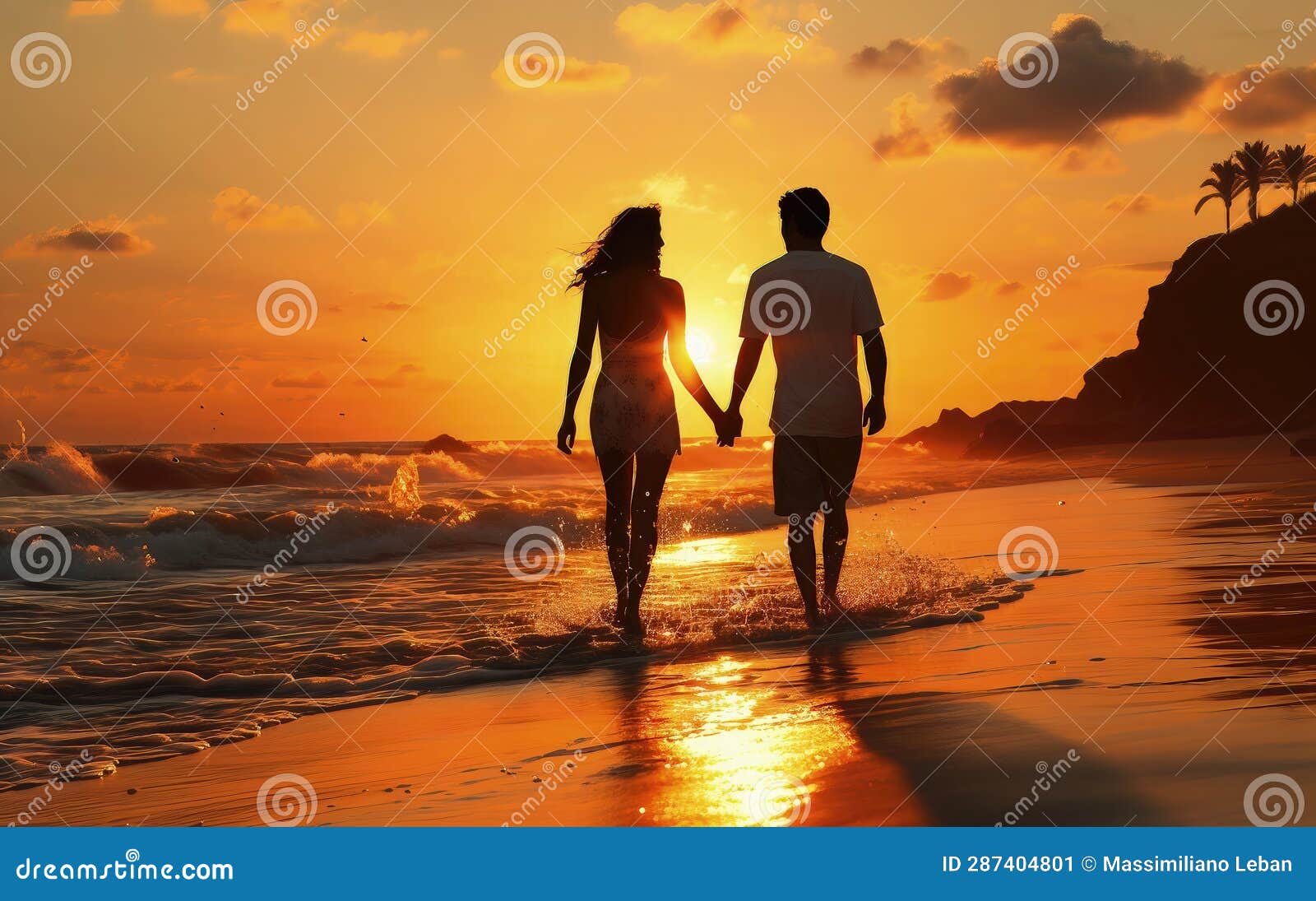 Couple Walking On The Beach At Sunset Stock Illustration Illustration