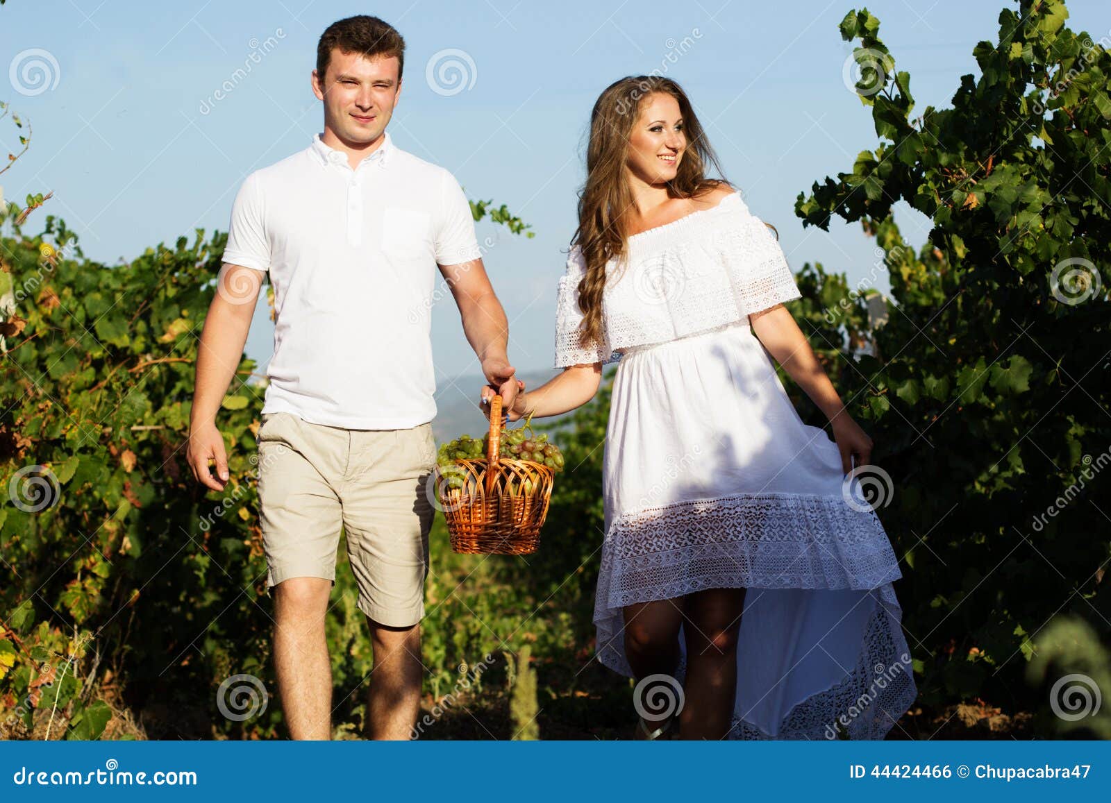 Couple Walking in between Rows of Vines Stock Photo - Image of girl ...