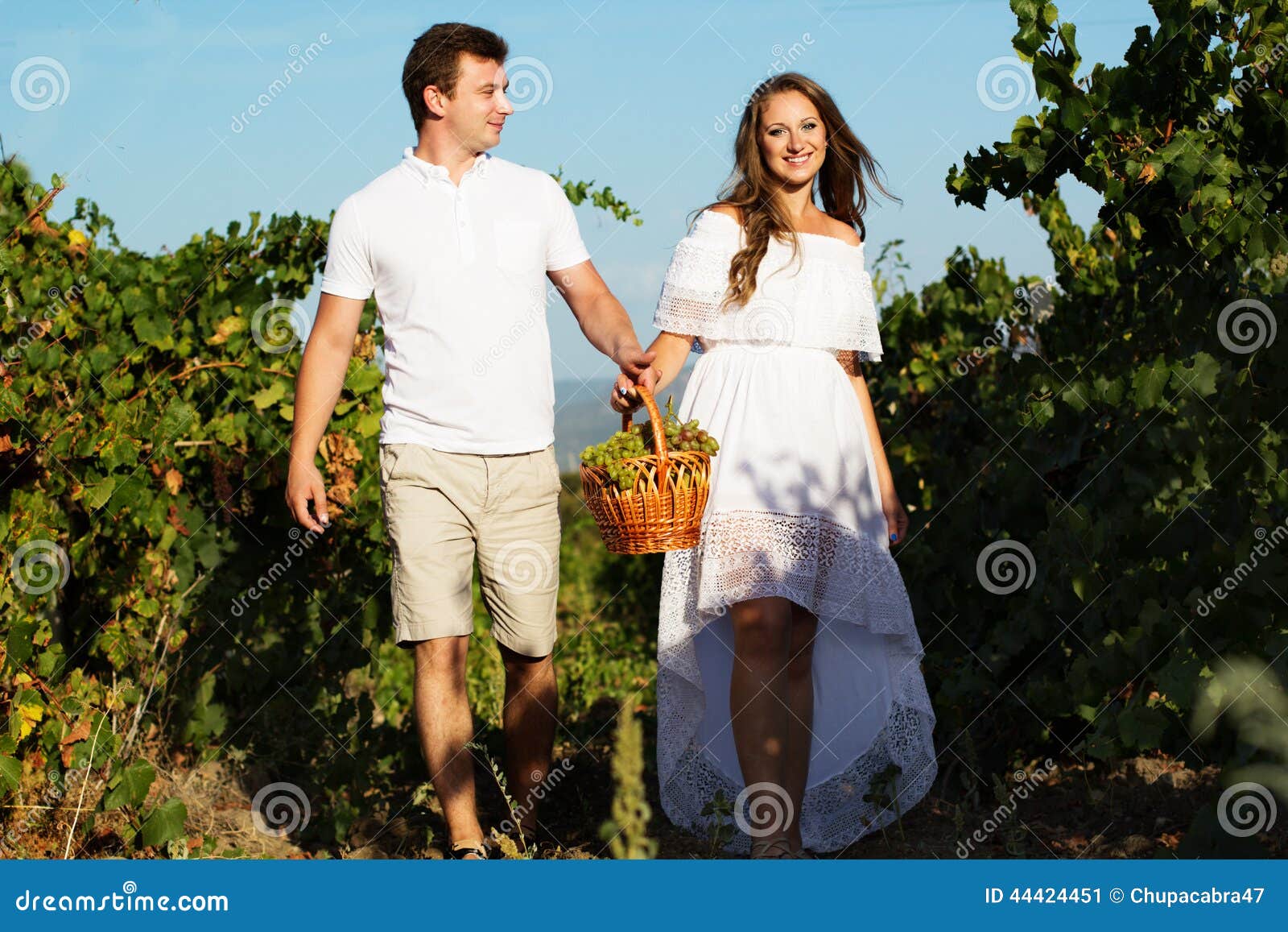 Couple Walking in between Rows of Vines Stock Image - Image of ...