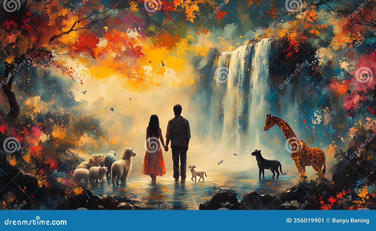 Couple Walks by Waterfall, Autumn Forest, Animals, Peace Stock ...