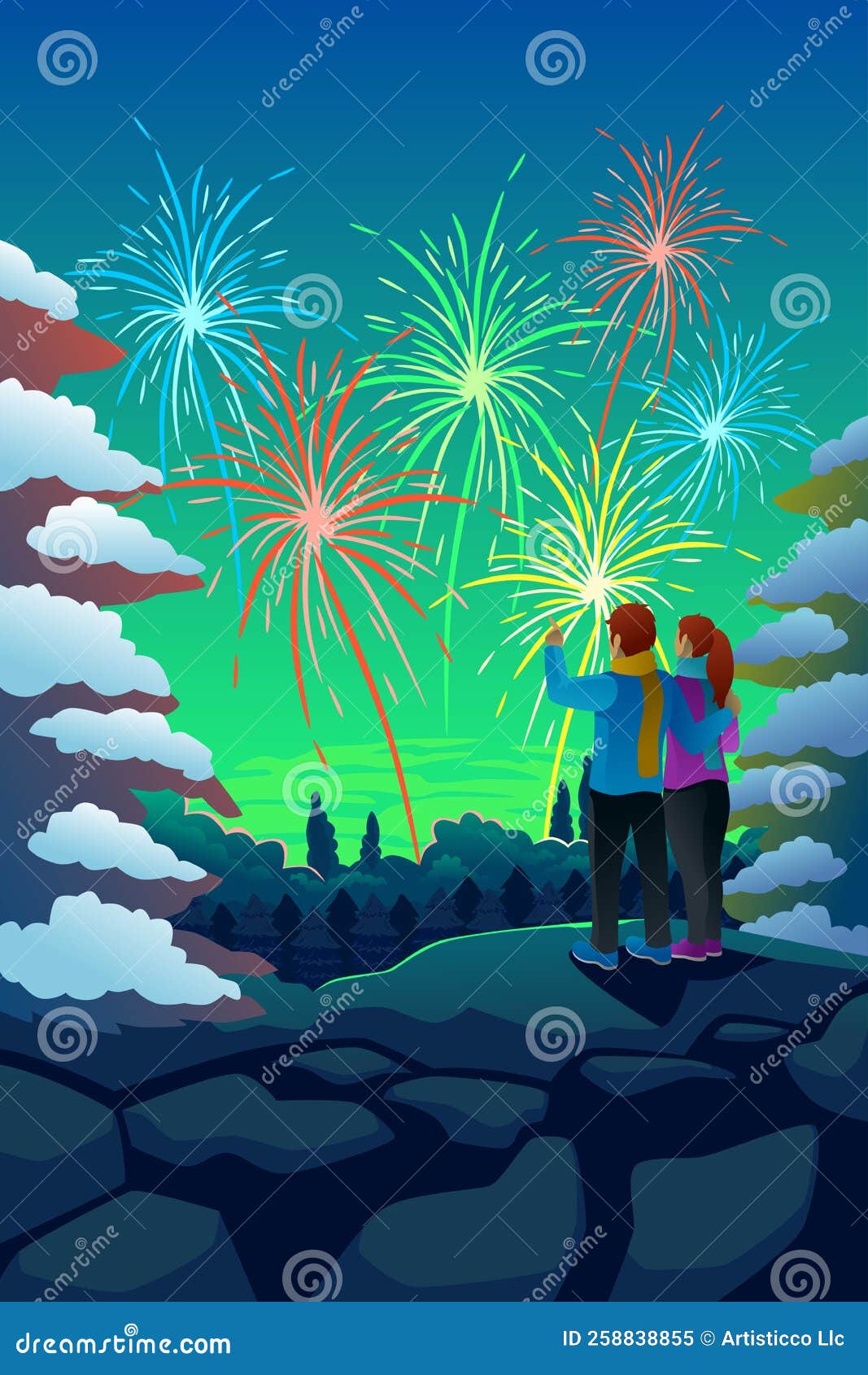 Couple Watching New Year Celebration Fireworks Vector Illustration ...