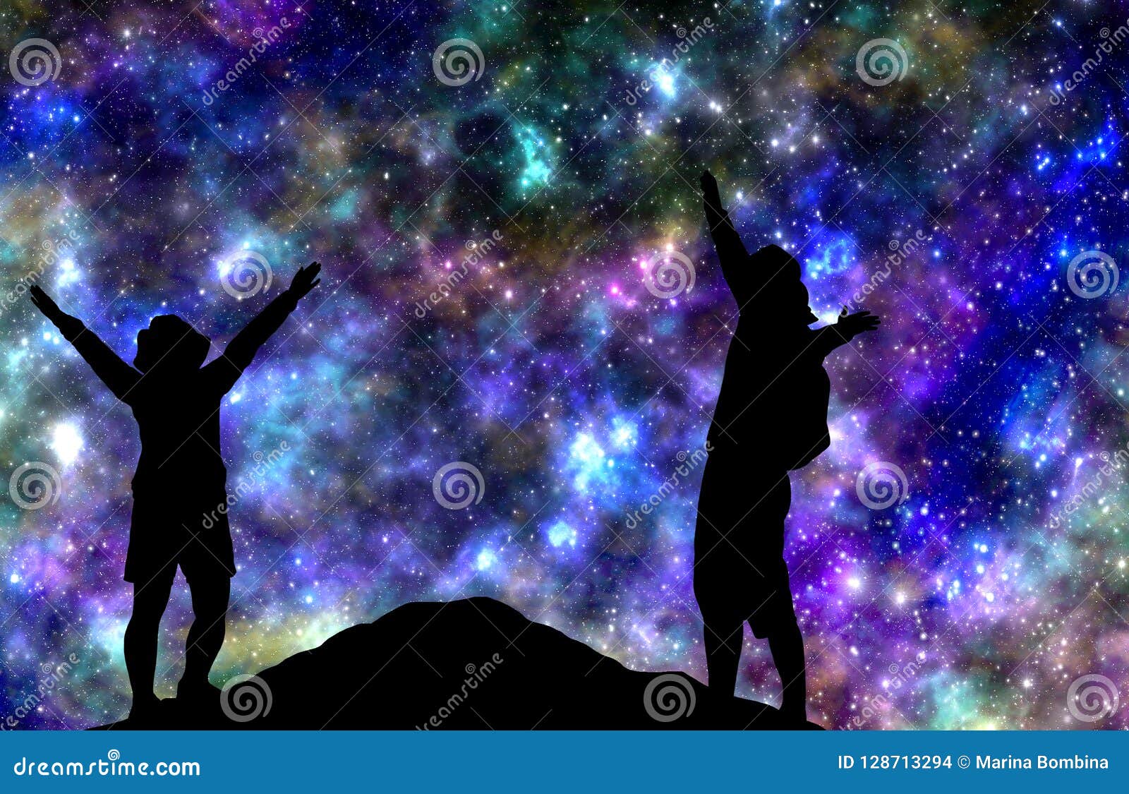 Couple Watching Night Stars in Mountain Stock Illustration ...