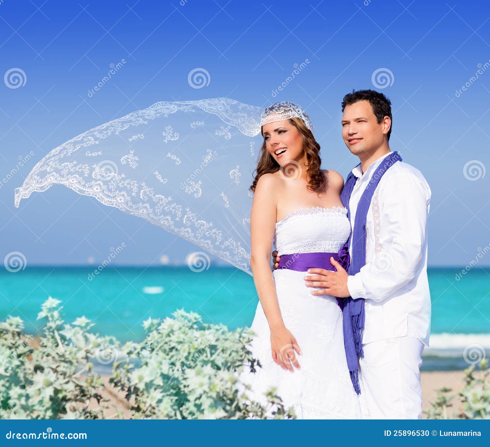 Couple in Wedding Day on Beach Sea Stock Photo - Image of emotion ...