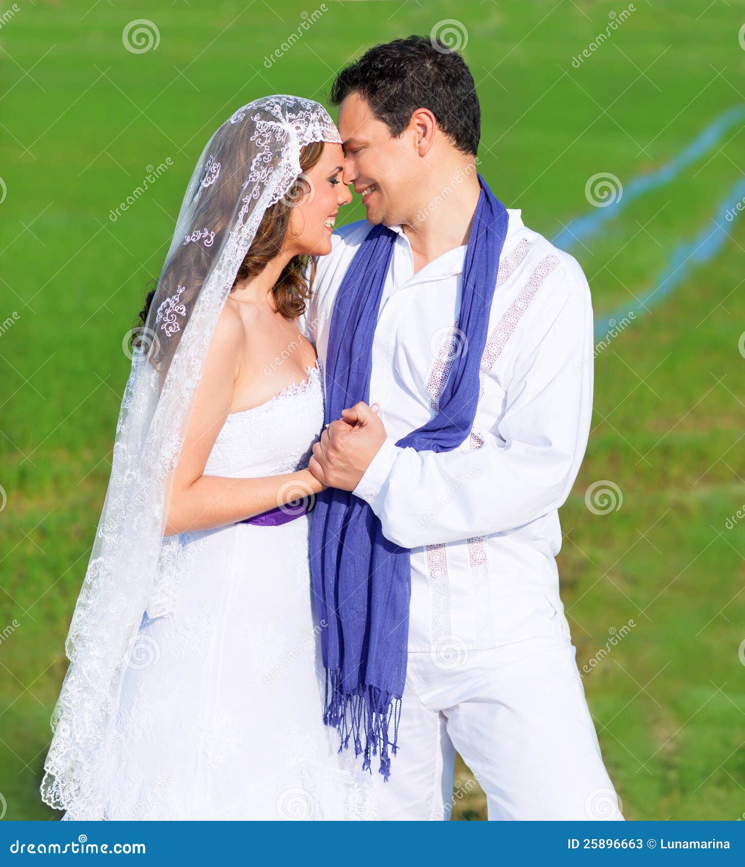 Couple in Wedding Day Hug in Green Meadow Stock Image - Image of ...