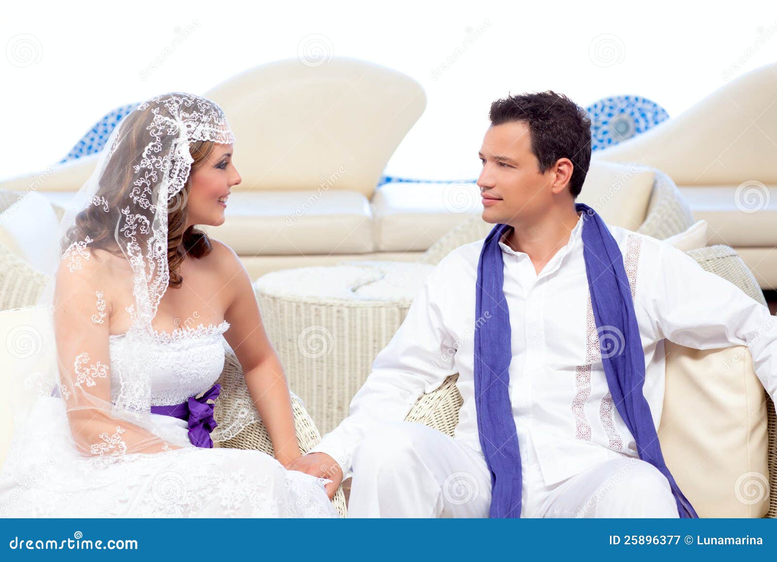 Couple in Wedding Day Relaxed in White Terrace Stock Image - Image of ...