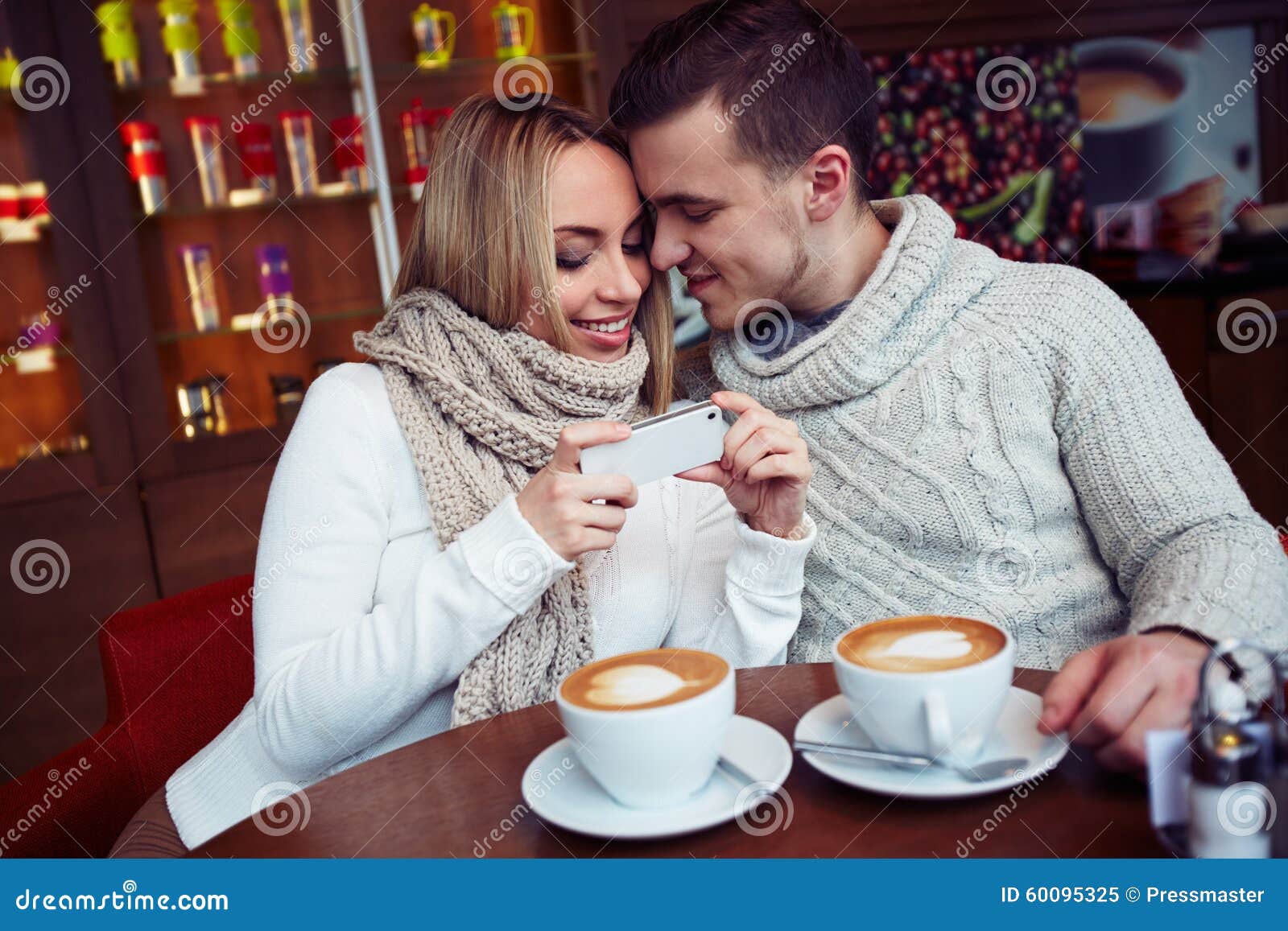 Couple in winter cafe stock image. Image of girlfriend - 60095325