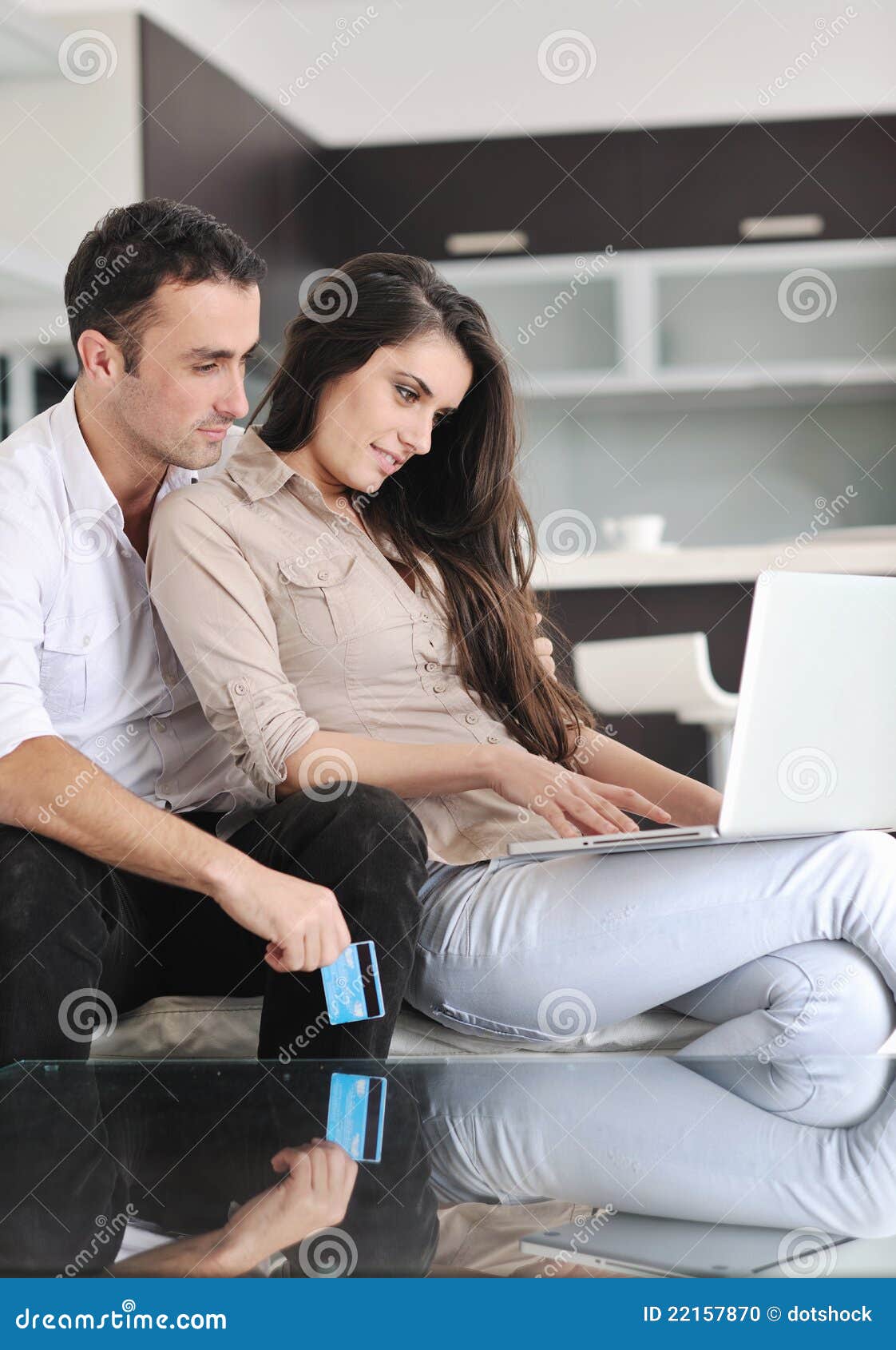 Couple Work on Laptop Computer at Modern Home Stock Photo - Image of ...