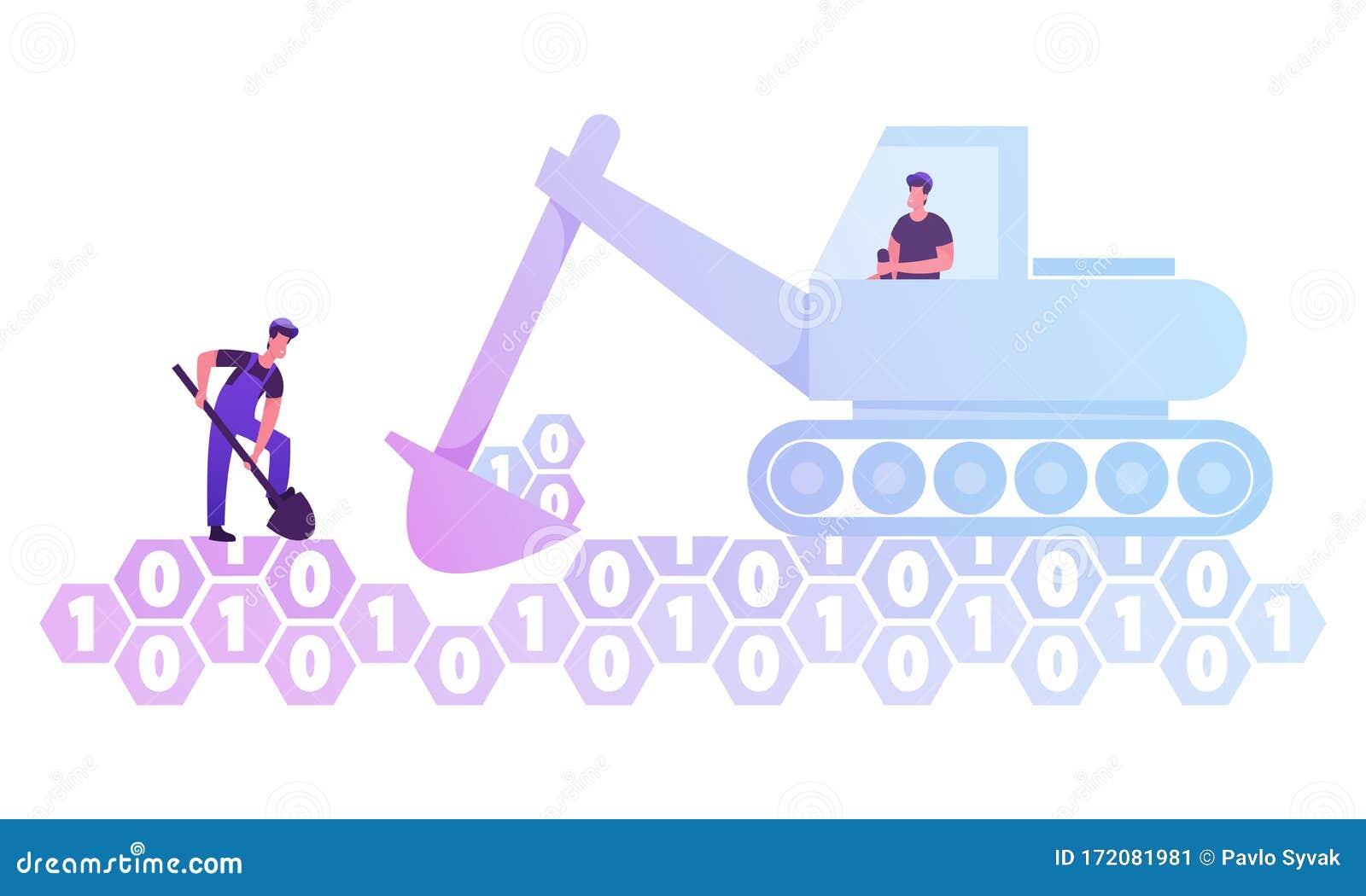 Couple of Workers with Spade and Excavator Digging Hole in Ground Made ...