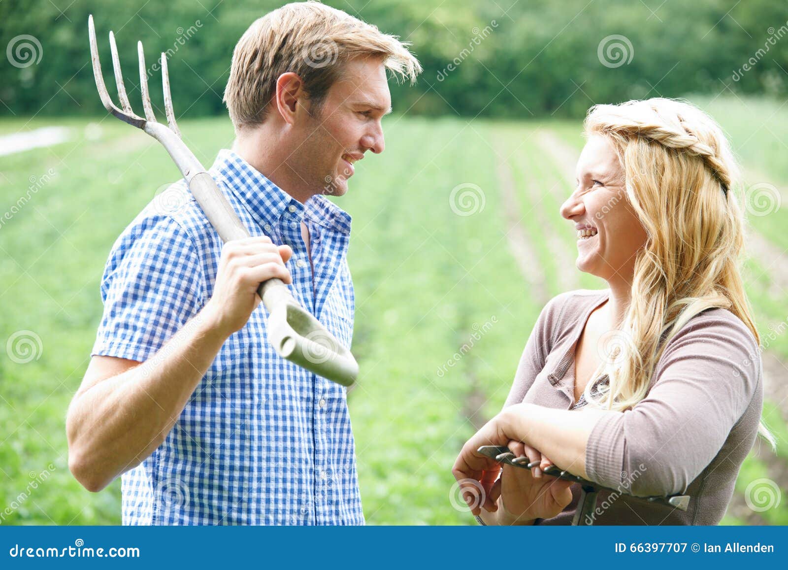 Couple Working in Field on Organic Farm Stock Image - Image of ...