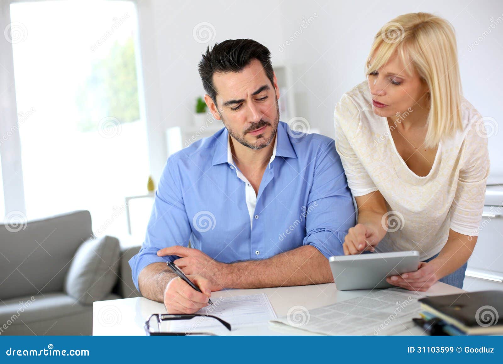 Couple Working Together at Home Stock Image - Image of startup, owner ...