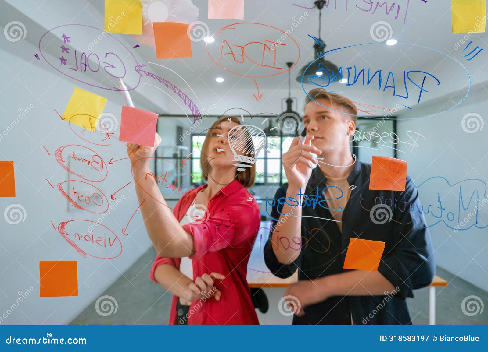 Couple of Business People Brainstorming Idea by Using Sticky Note ...